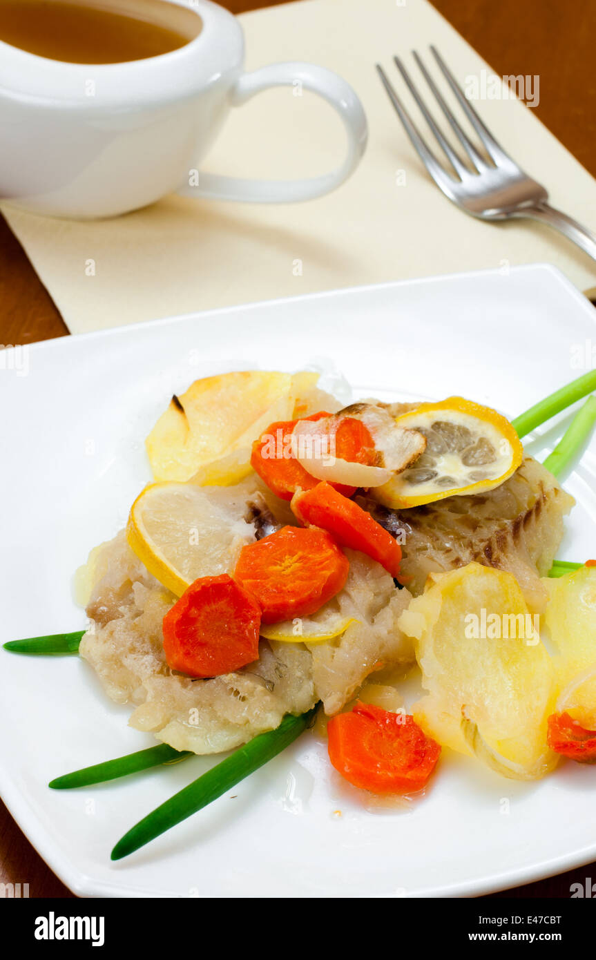 Fish cod vegetables potatoes carrots onions green fillet portion ...