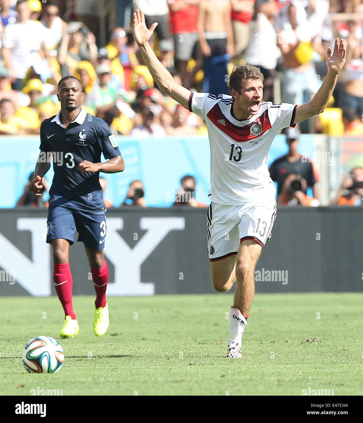 Rio De Janeiro, Brazil. 4th July, 2014. Germany's Thomas Muller reacts ...