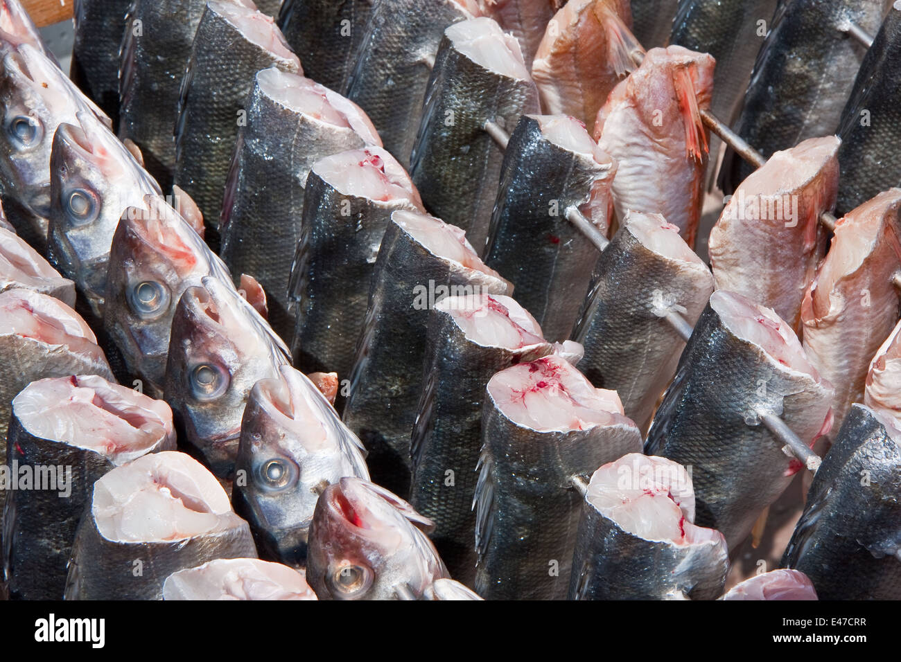 Spit with fresh fish, prepared by smoking Stock Photo - Alamy