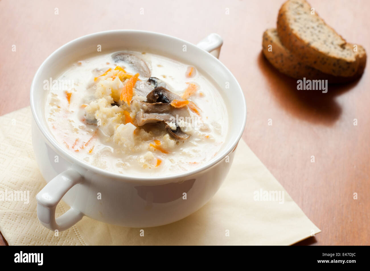 soup bread food ready hot mushrooms cream nobody tureen plate lunch ...