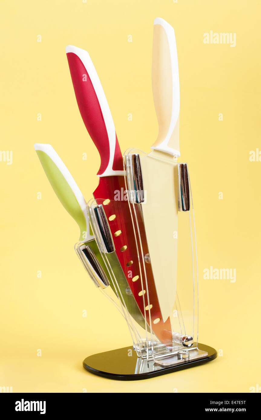 knife kitchen butcher three several sharp blade color colorful red ...