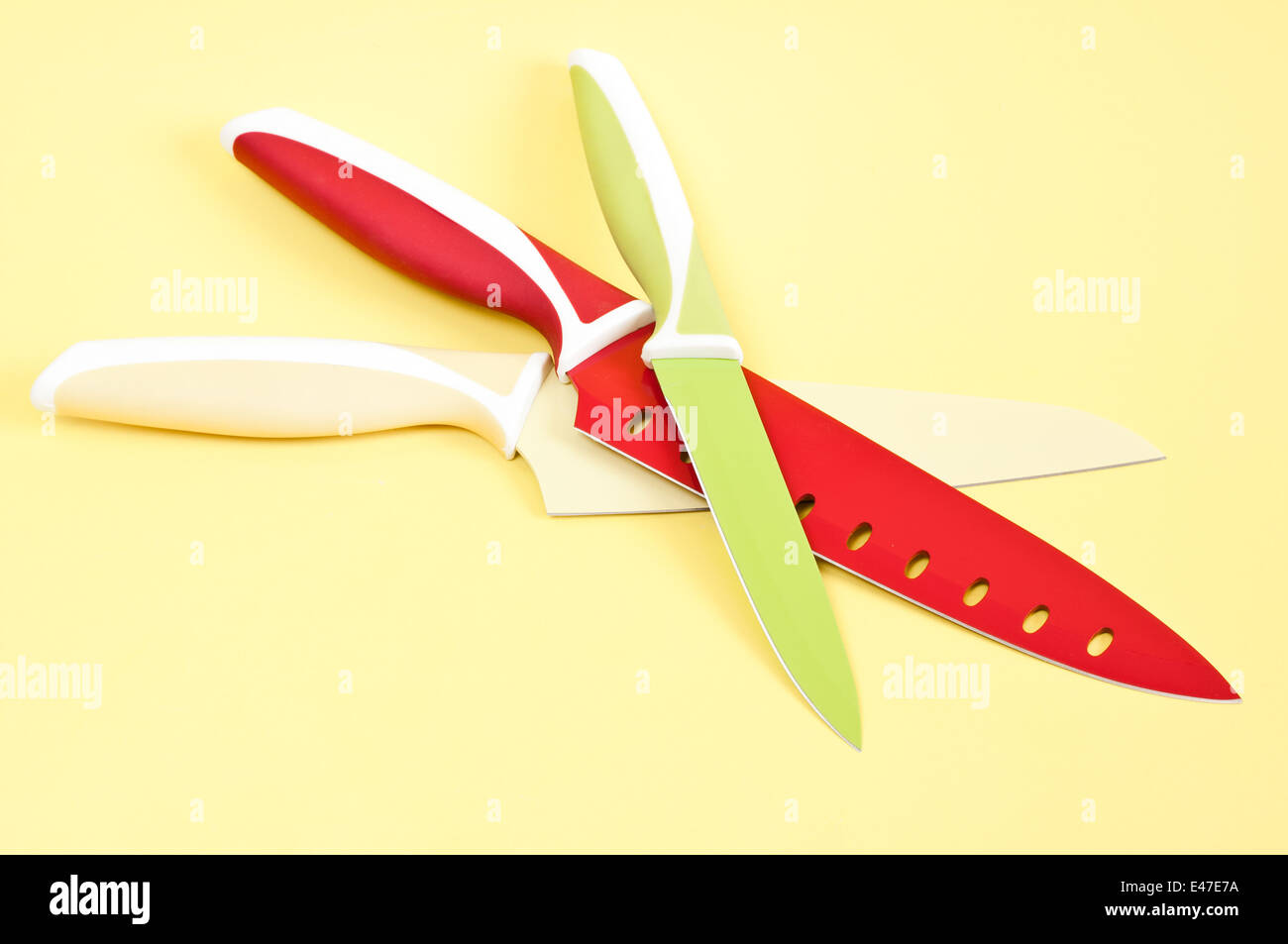 knife kitchen butcher three several sharp blade color colorful red ...