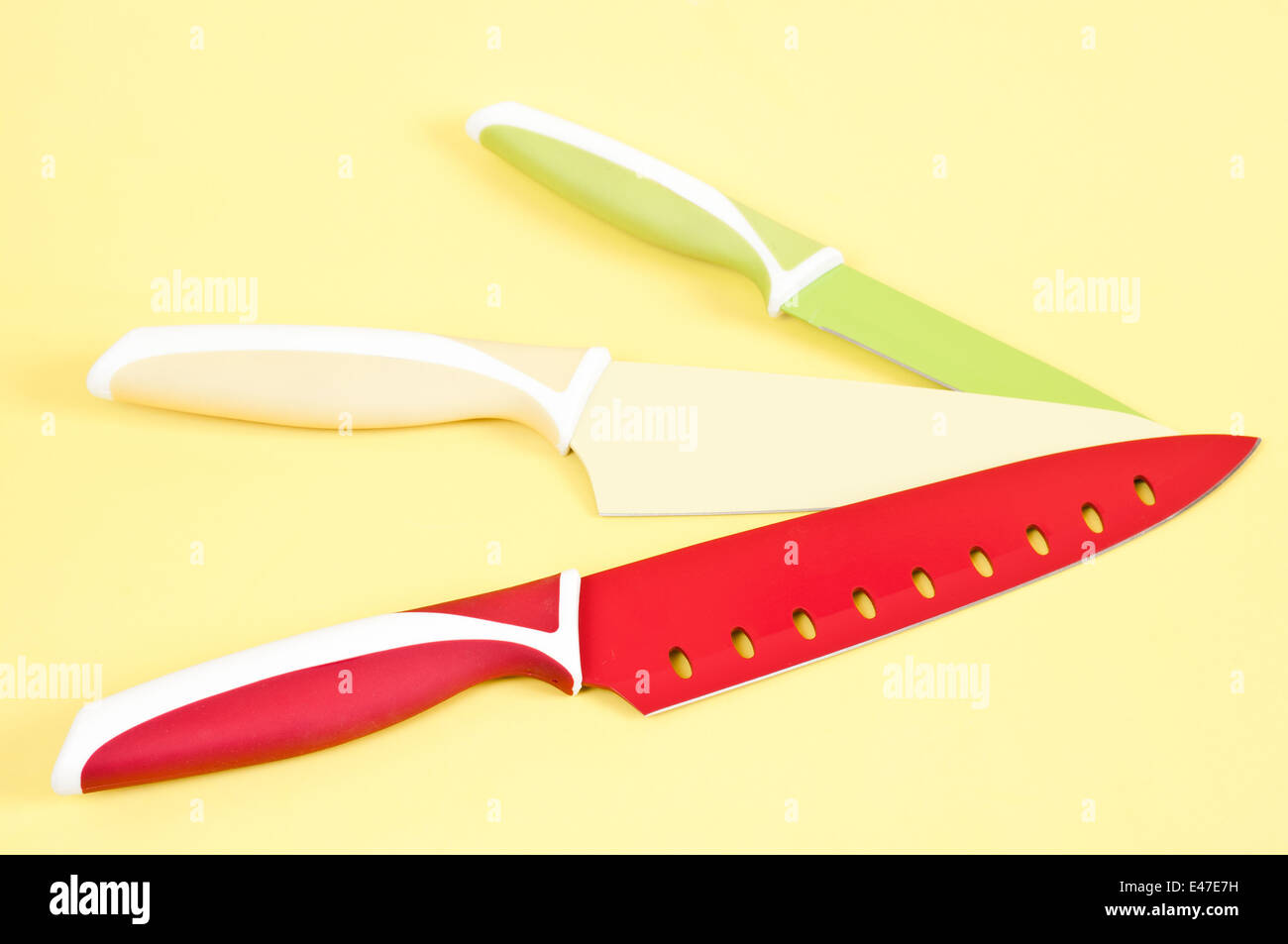 knife kitchen butcher three several sharp blade color colorful red ...