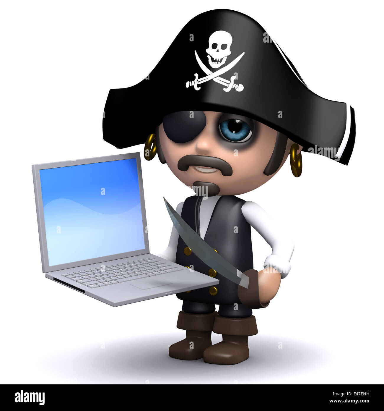 3d Pirate is proud of his new laptop pc Stock Photo - Alamy