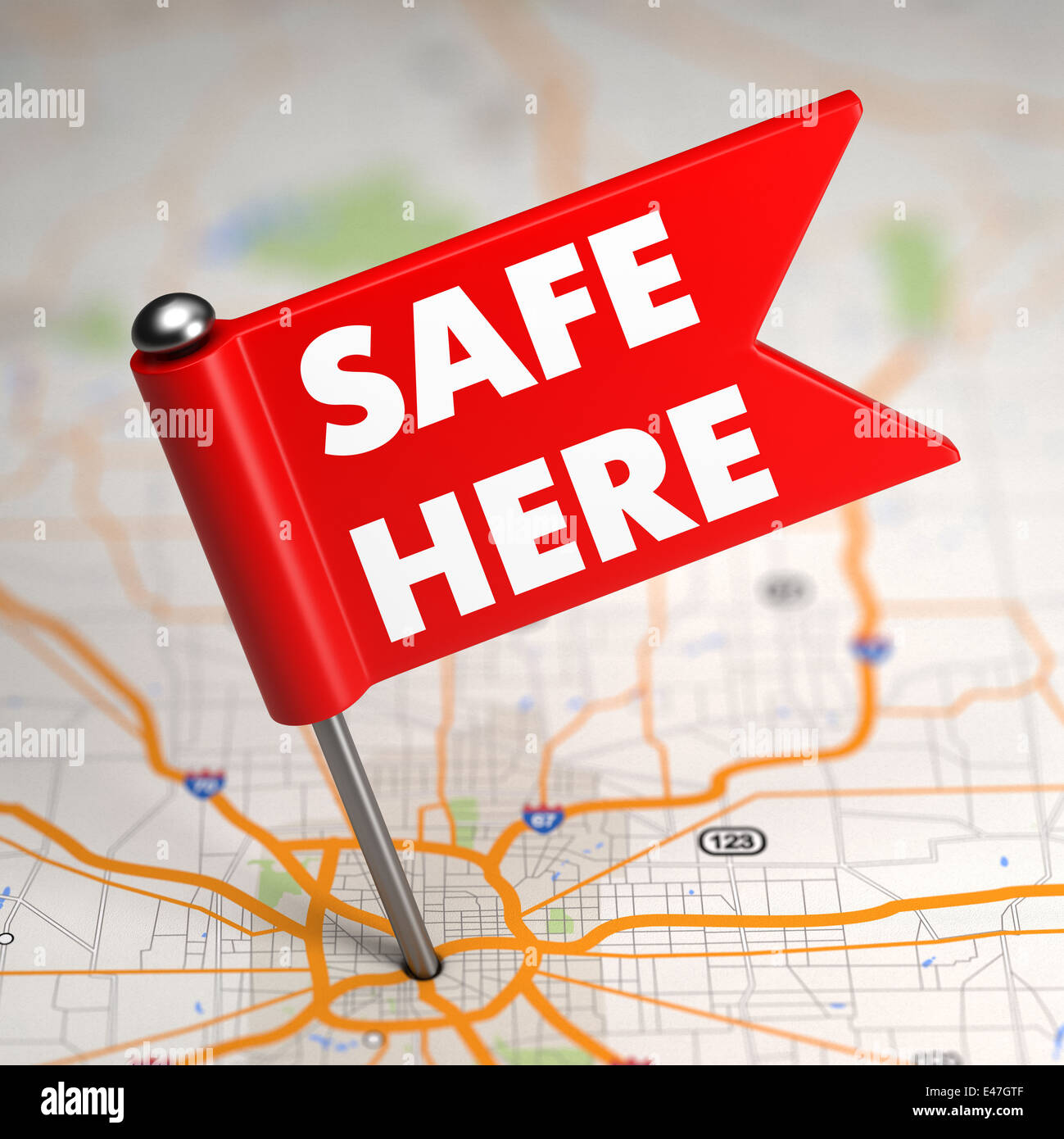Safe Here - Small Flag on a Map Background with Stock Photo - Alamy