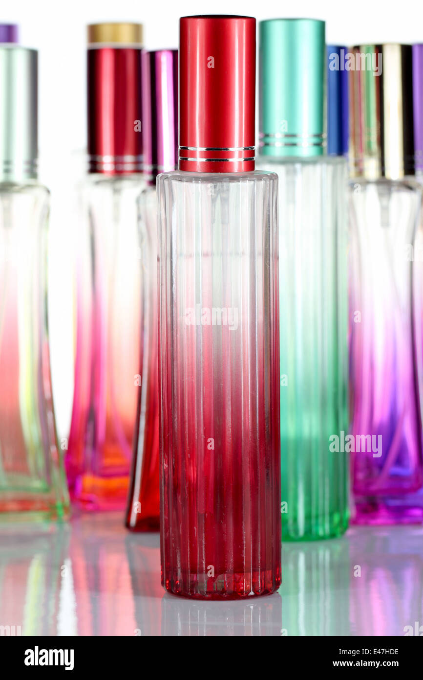 Colorful of perfume bottles for beauty background Stock Photo - Alamy