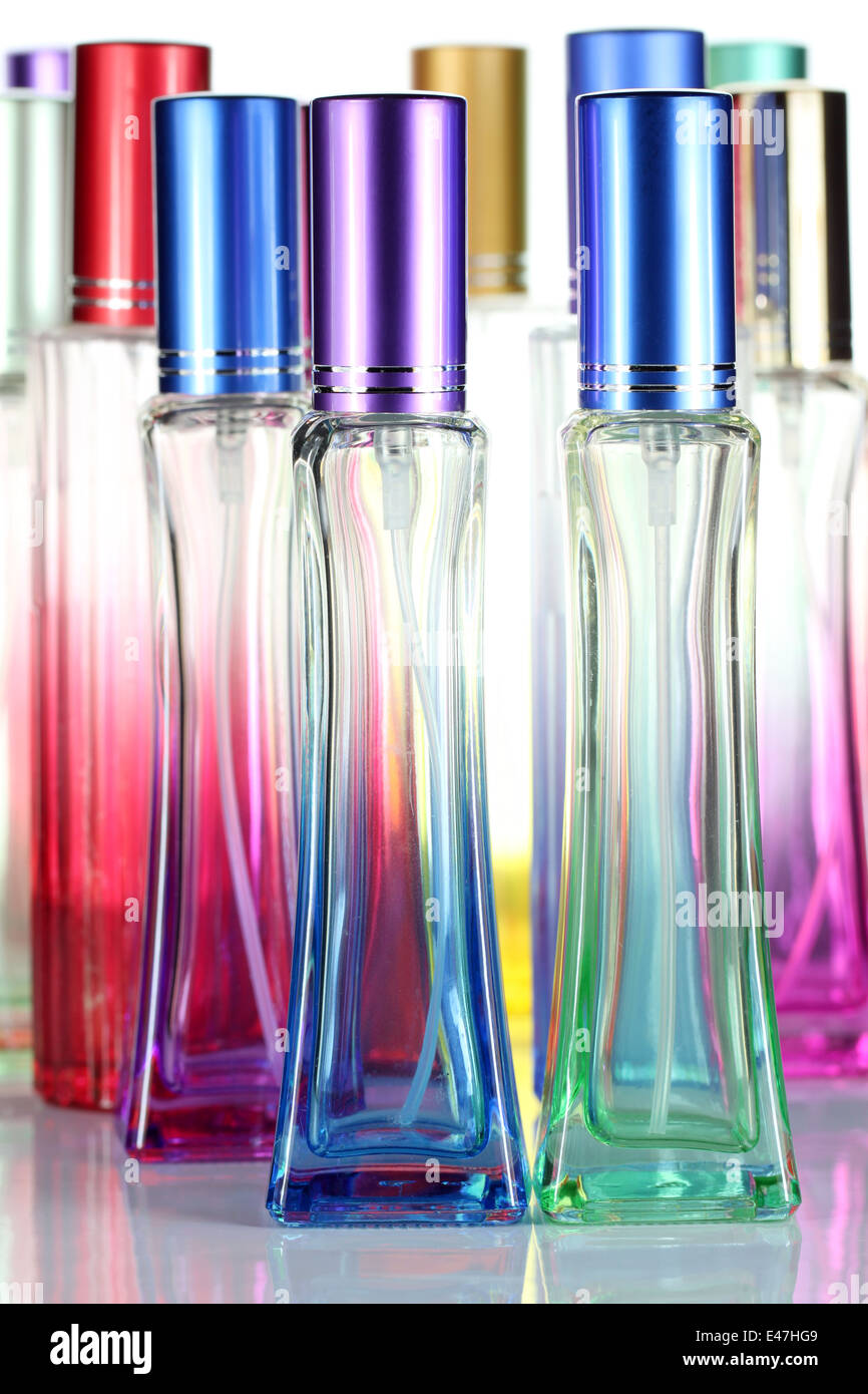 Colorful of perfume bottles for beauty background Stock Photo - Alamy