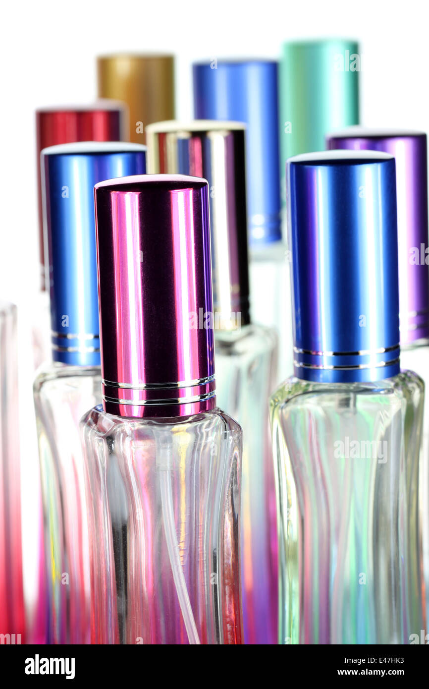 Colorful of perfume bottles for beauty background Stock Photo - Alamy