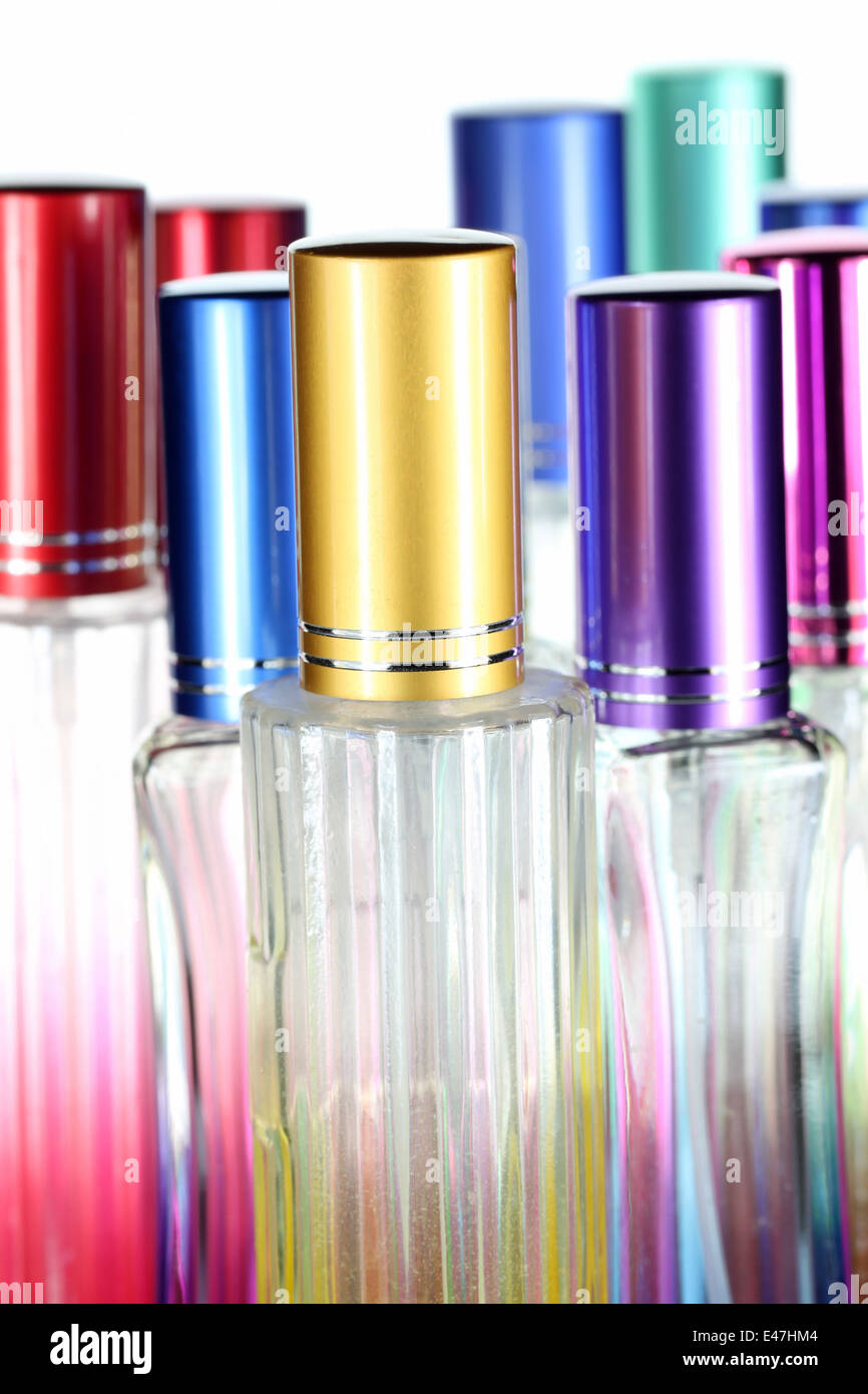 Colorful of perfume bottles for beauty background Stock Photo - Alamy