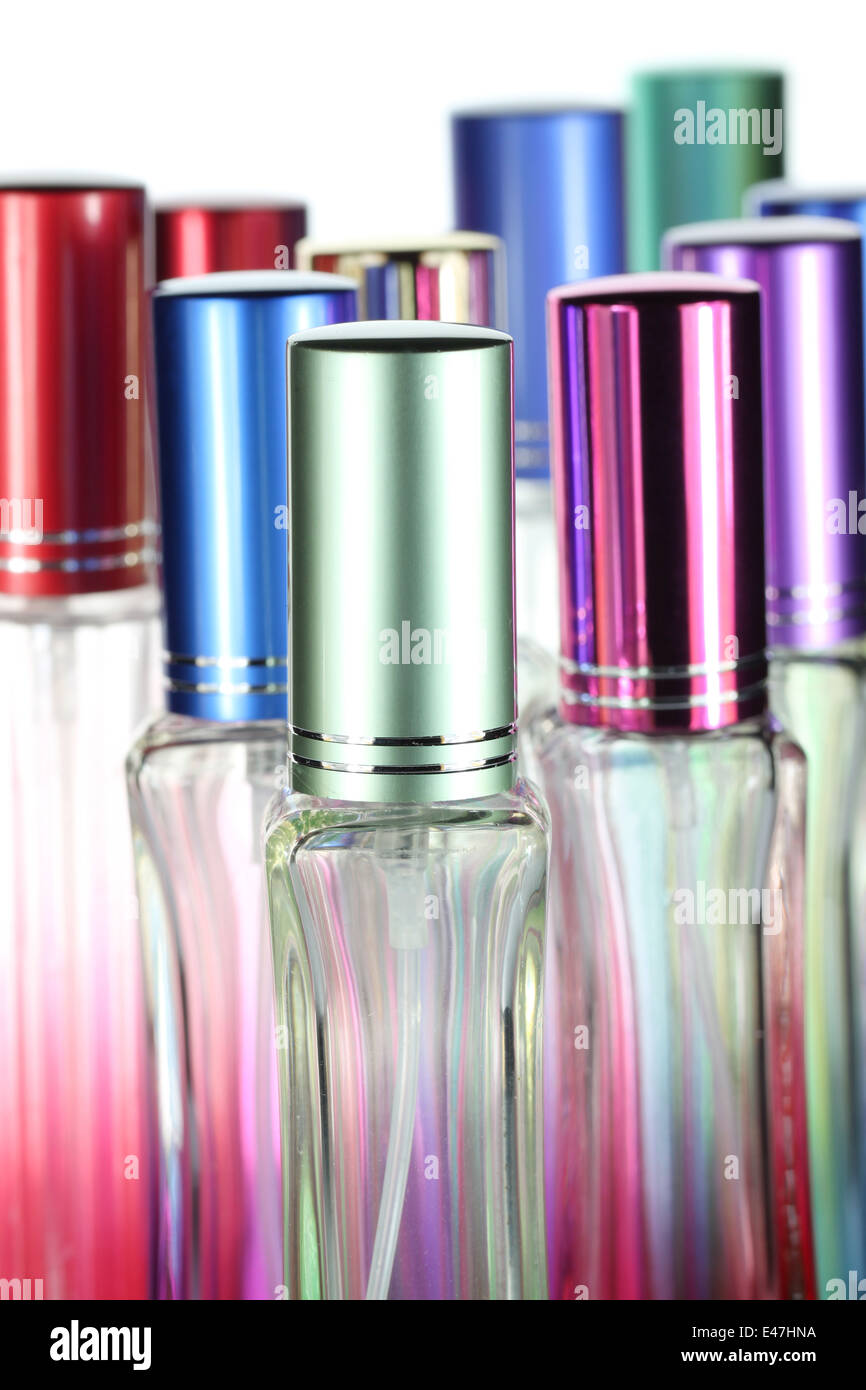Colorful of perfume bottles for beauty background Stock Photo - Alamy