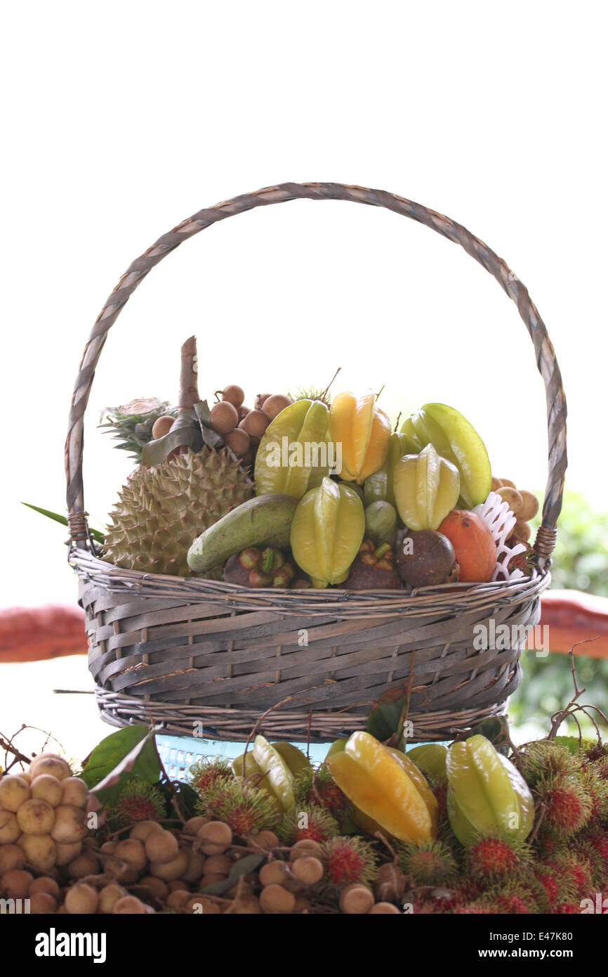 Basket of fruit arranged on the table in orchard Stock Photo - Alamy