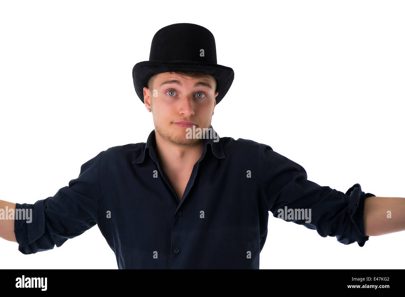 Handsome blue-eyed young man with black top-hat, unsure expression ...