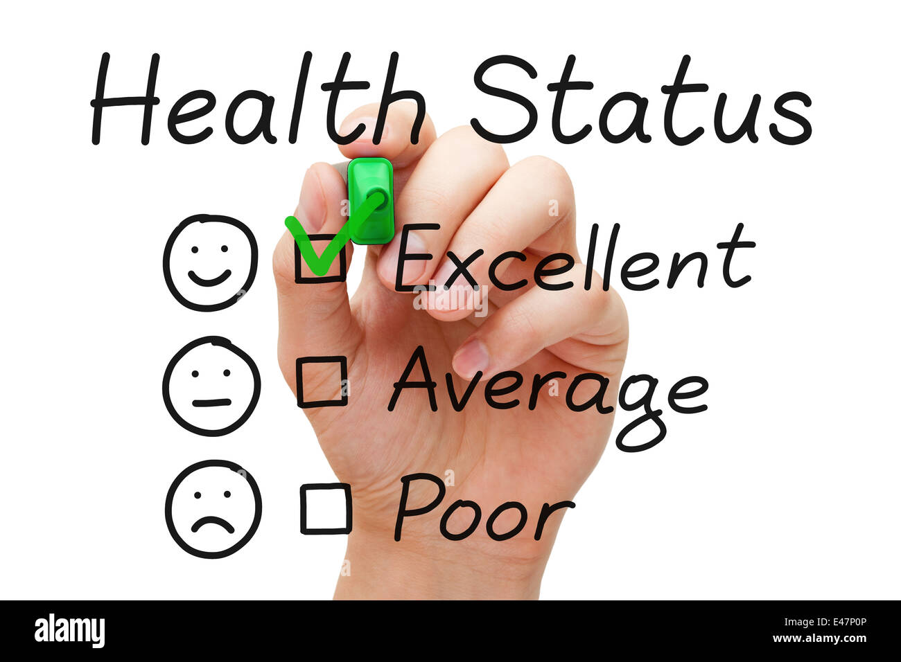 Hand putting check mark with green marker on excellent in Health Status ...