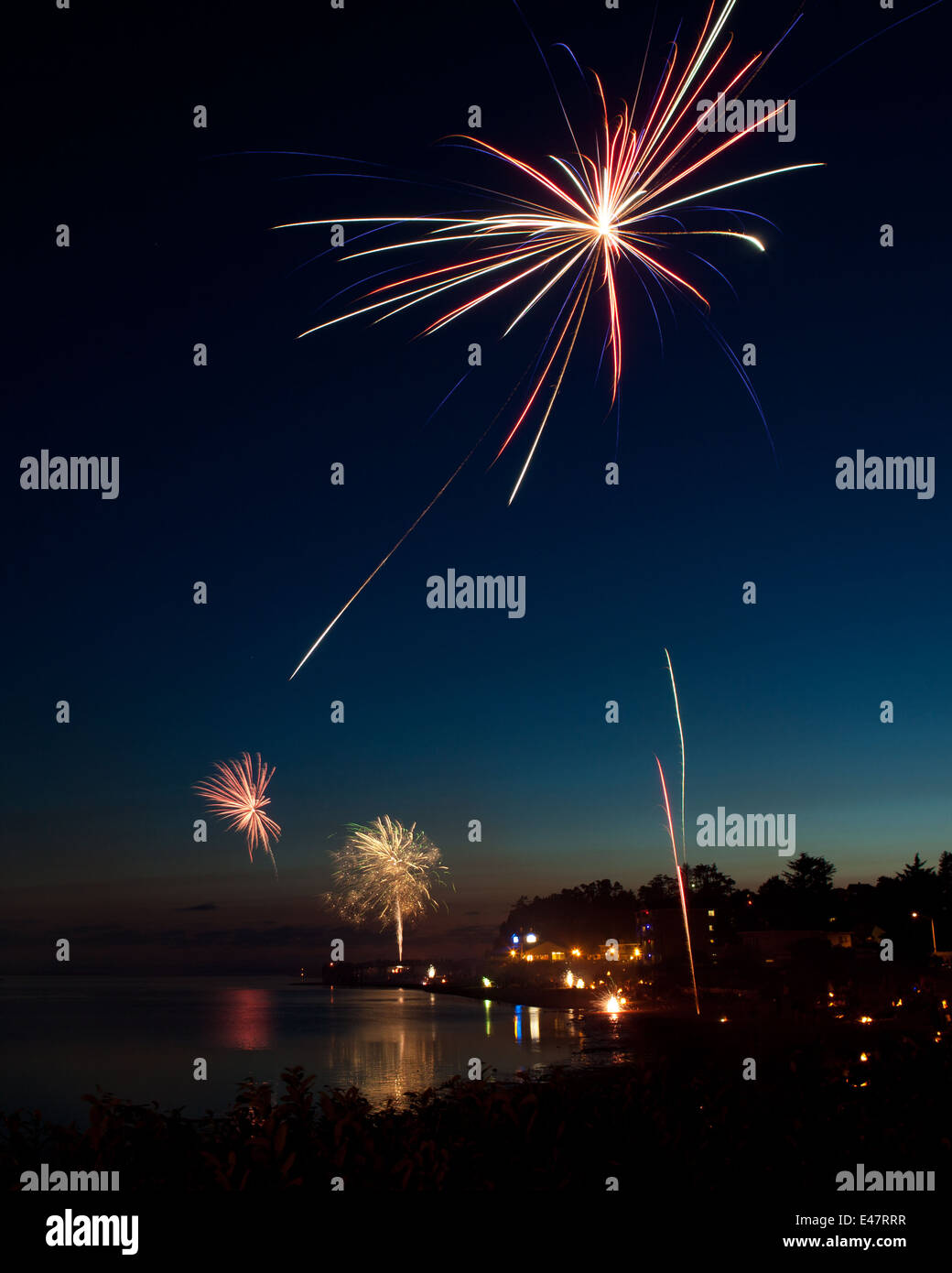 4th of July fireworks over the water at Lincoln City, Oregon Stock ...