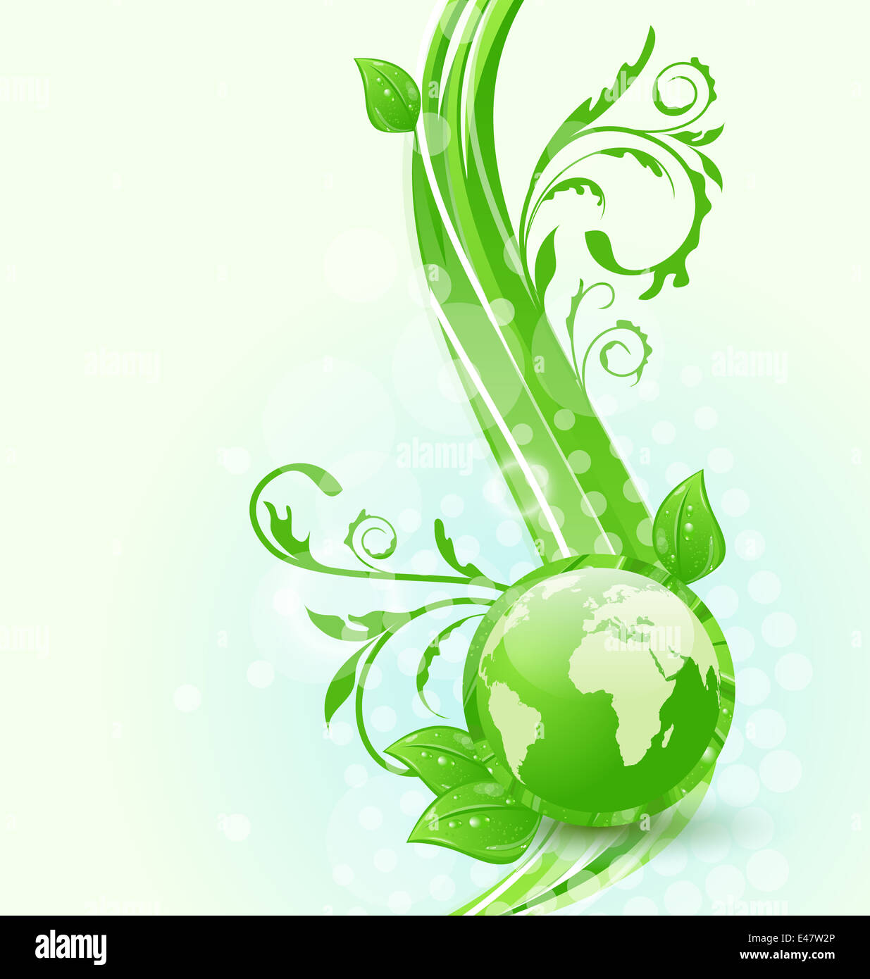 Illustration wavy background with global planet and eco green leaves ...