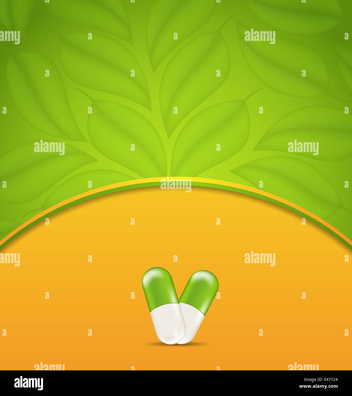 Illustration flyer for medical theme with green pills, natural ...