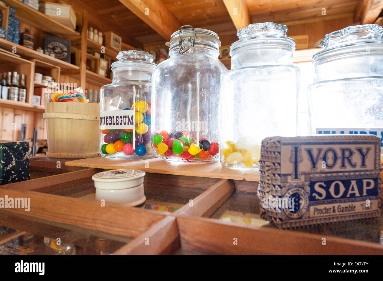 Old glass candy sweets jars jugs bottles at Fort Saint St James ...