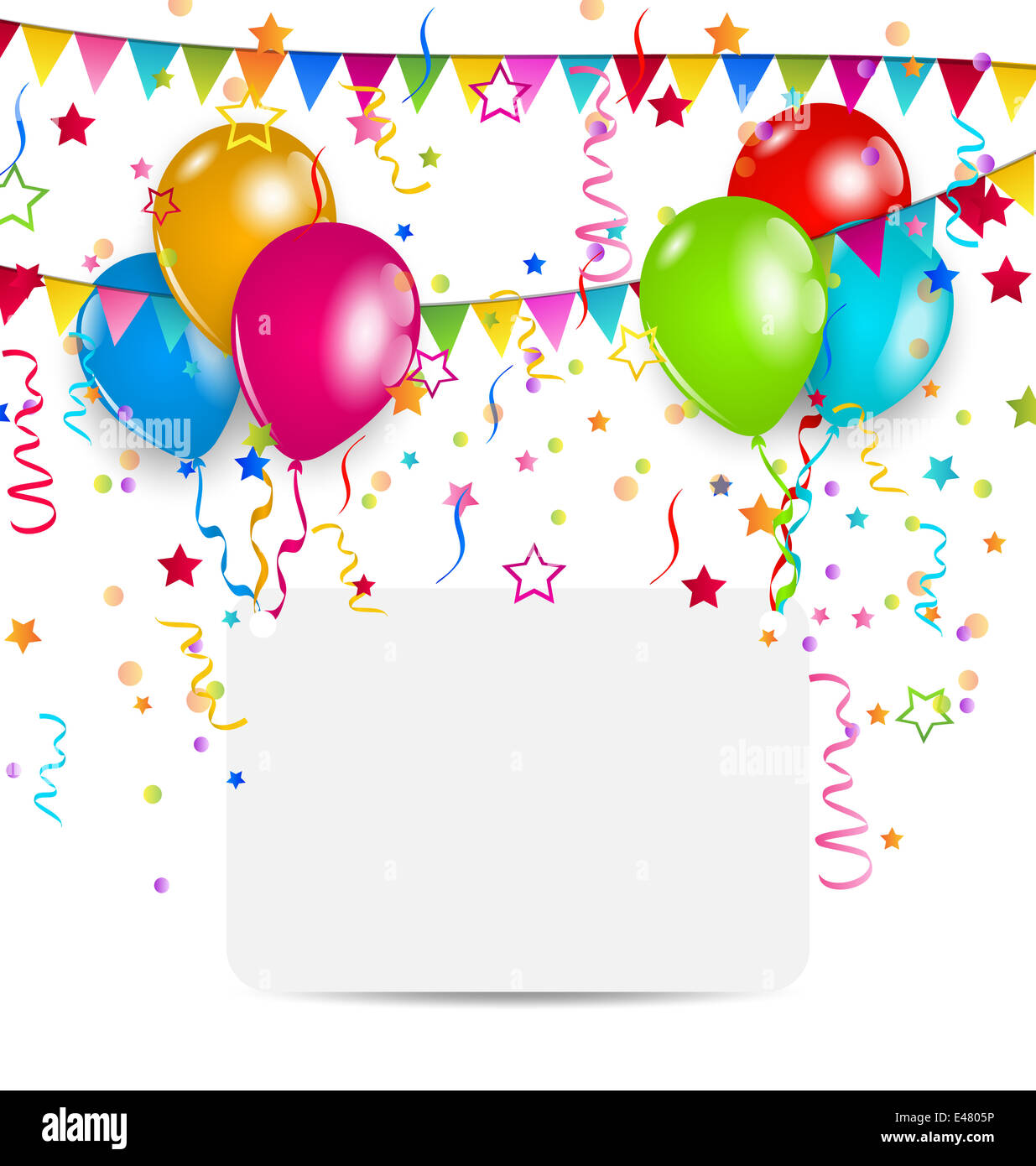 Illustration celebration card with balloons, confetti and hanging flags ...