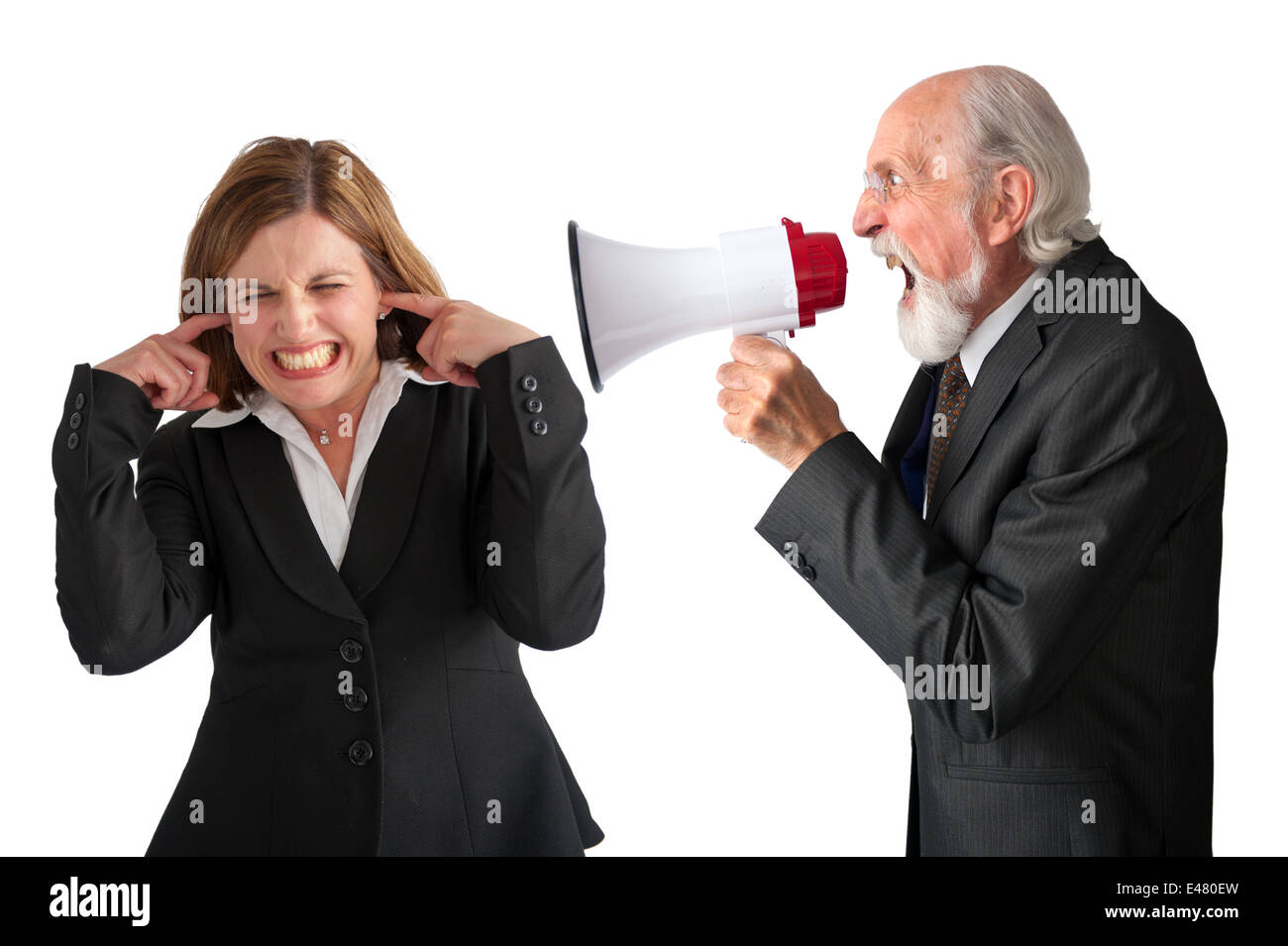 businesswoman being yelled at by senior male manager on white Stock ...