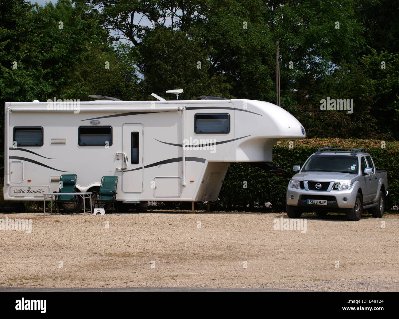 Fifth wheel Company Celtic Rambler camper, Wiltshire, UK Stock Photo ...