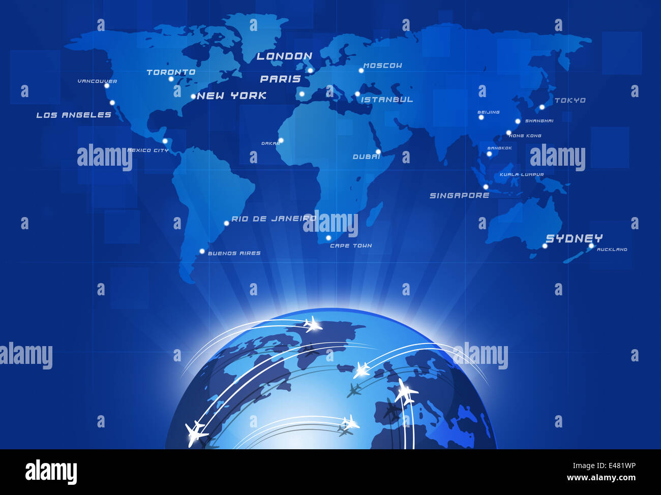 aviation background with planes over the map with major city names ...