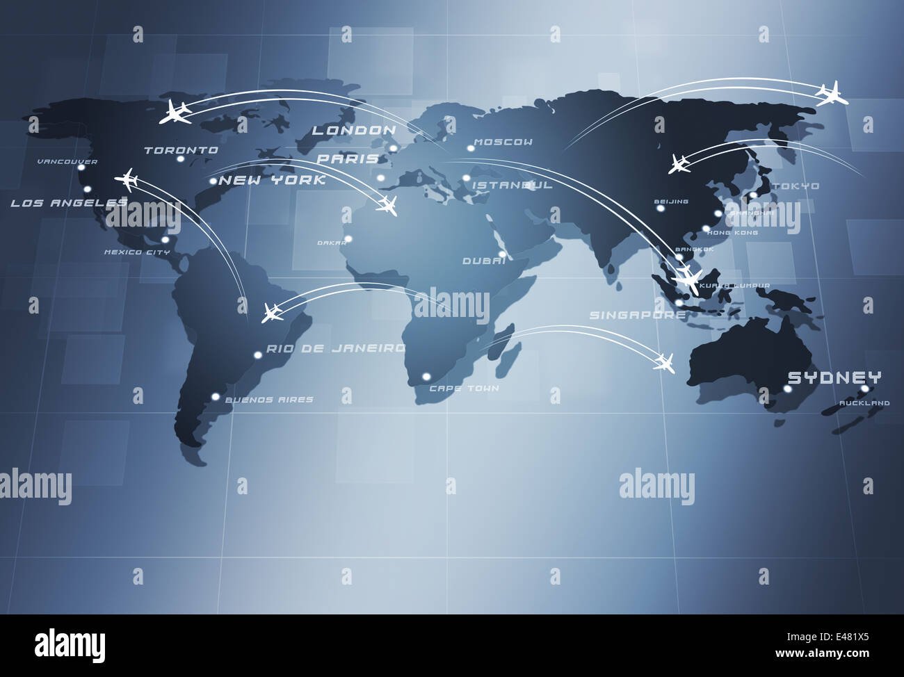 aviation background with planes over the map with major city names ...