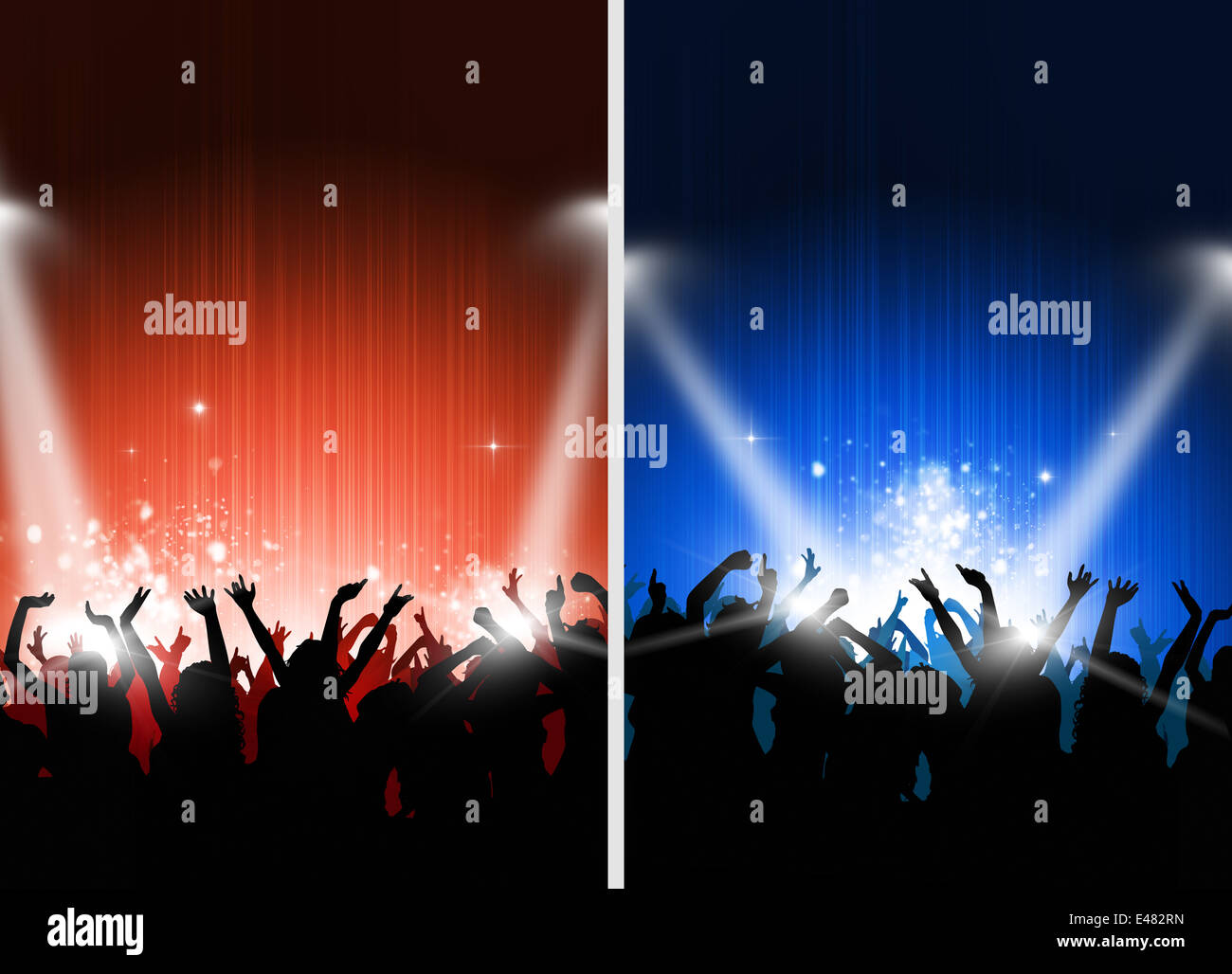 set of two party posters with dancing happy crowd and spotlights Stock ...