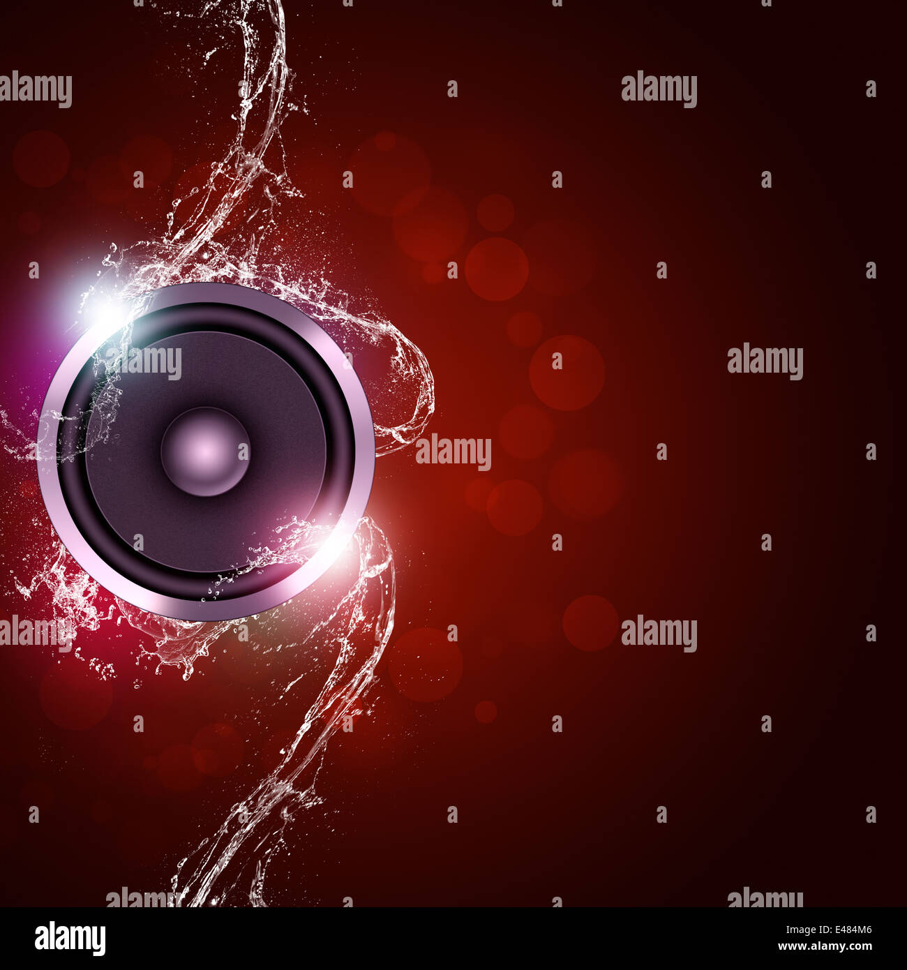 sound speaker music red background with bokeh lights and water waves ...