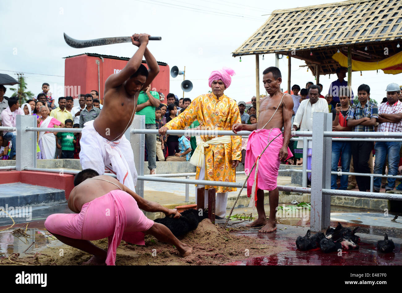 (140705) -- AGARTALA, July 5, 2014 (Xinhua) -- Priests perform goat ...