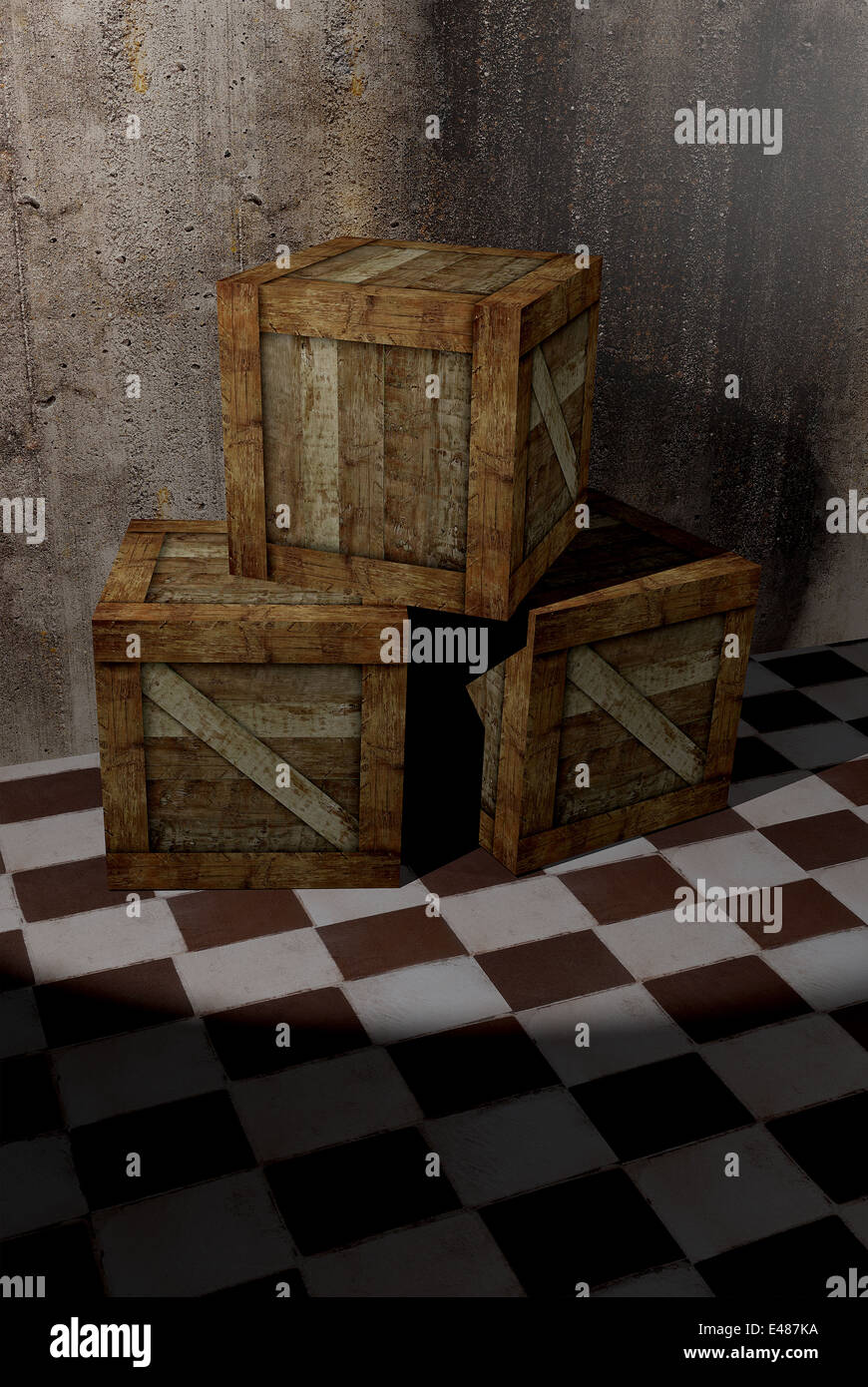 old wooden boxes in a dirty warehouse in 3d Stock Photo - Alamy