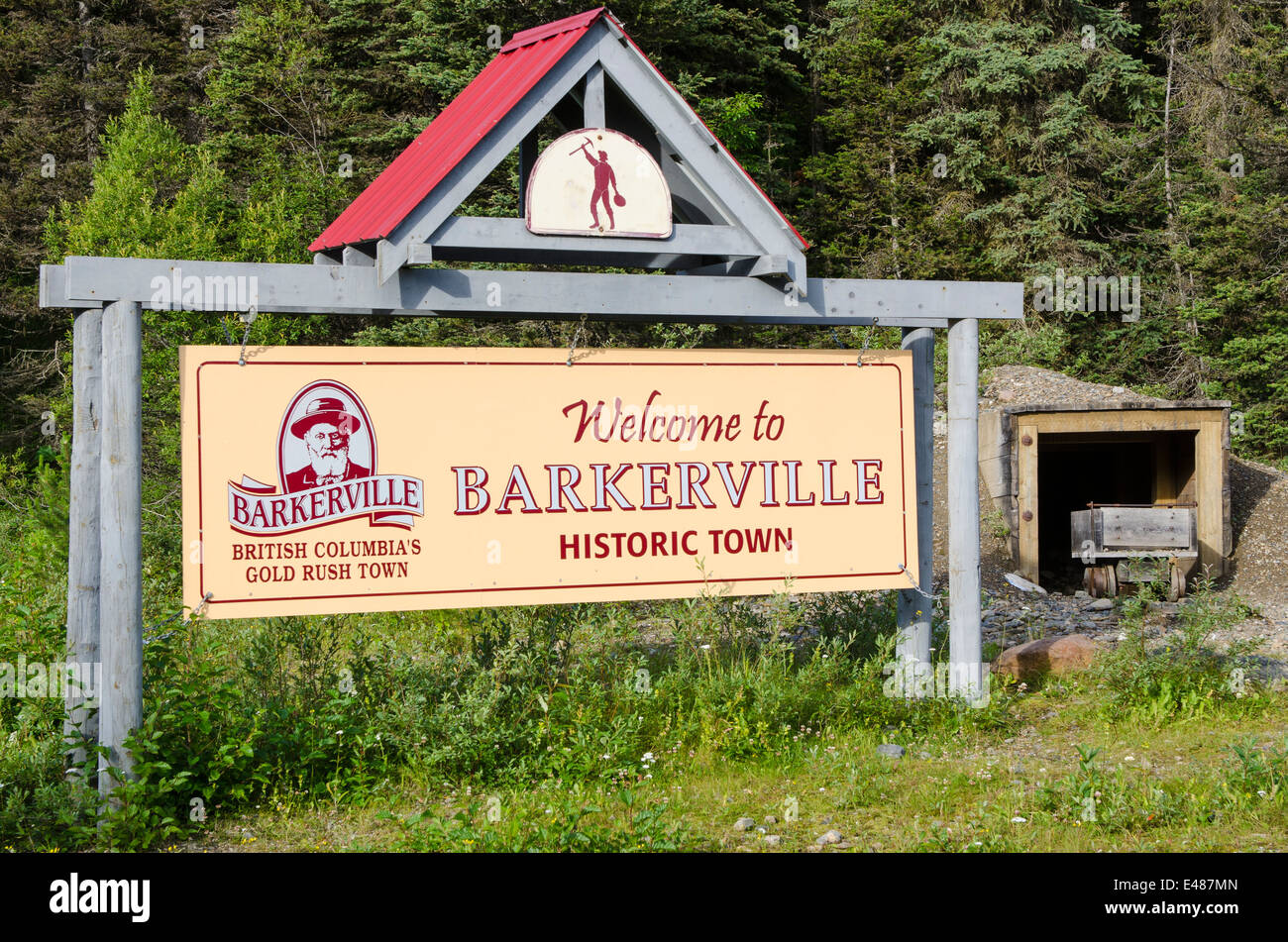 welcome sign for historic old gold rush town of Barkerville, British ...