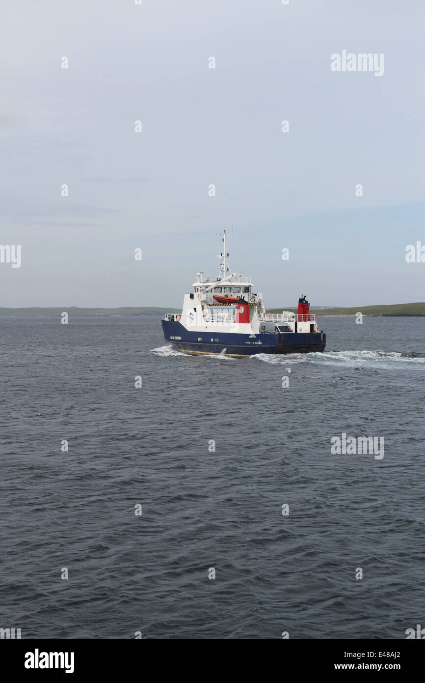 Bluemull Sound ferry MV Bigga departing Fetlar Shetland Scotland June ...