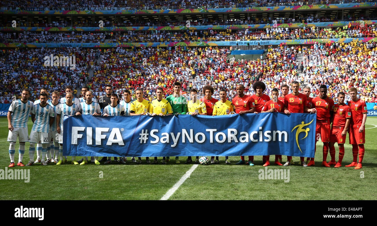 Brasilia, Brazil. 5th July, 2014. Players and Referees pose with a ...