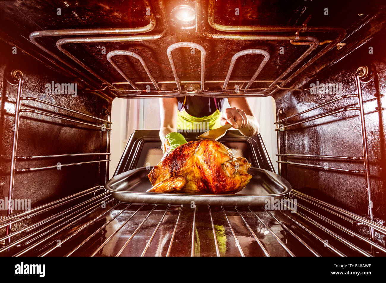 Housewife prepares roast chicken in the oven, view from the inside of ...