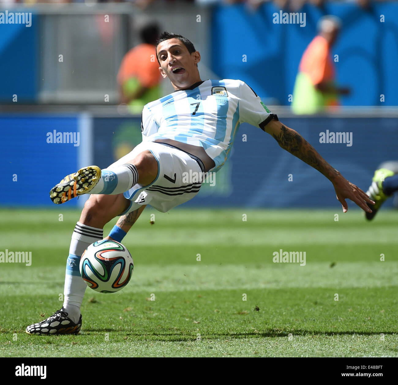 Brasilia, Brazil. 5th July, 2014. Argentina's Angel Di Maria falls down ...