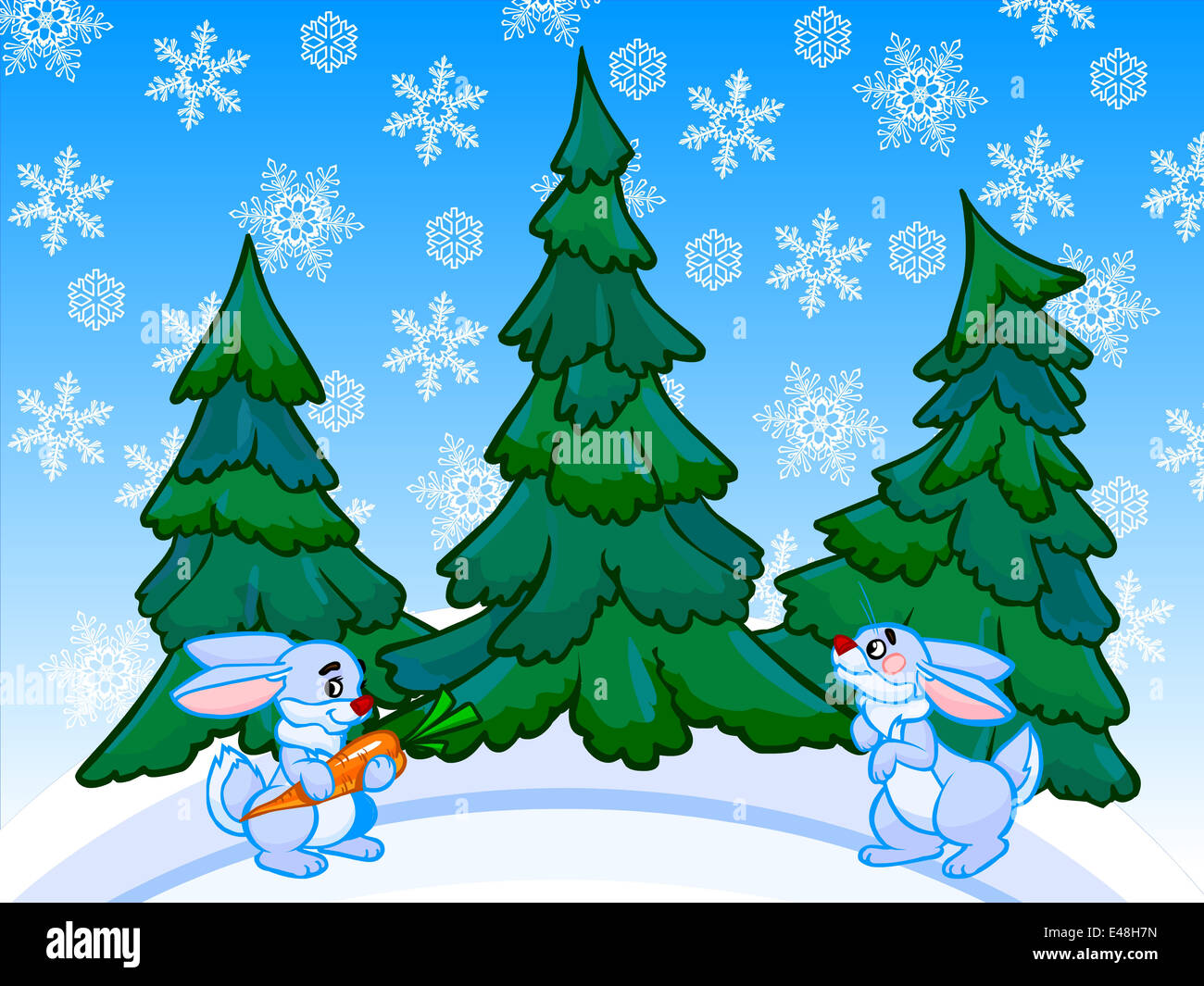 Cartoon illustration of conifer forest on white-blue drifts with two ...