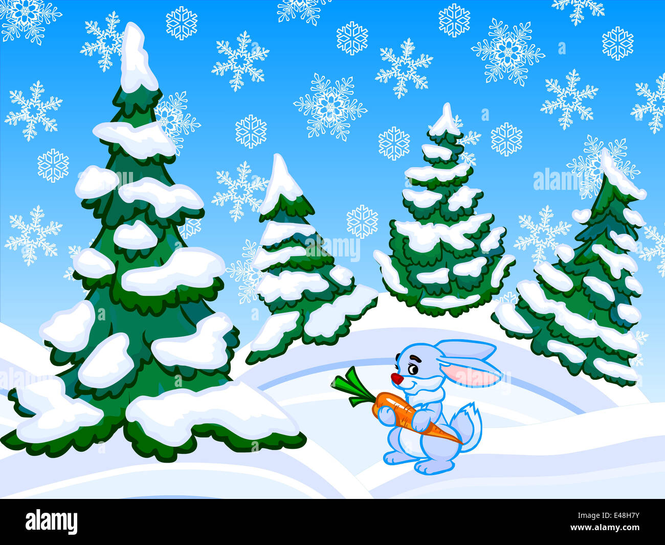 Cartoon illustration of conifer forest on white-blue drifts with a blue ...