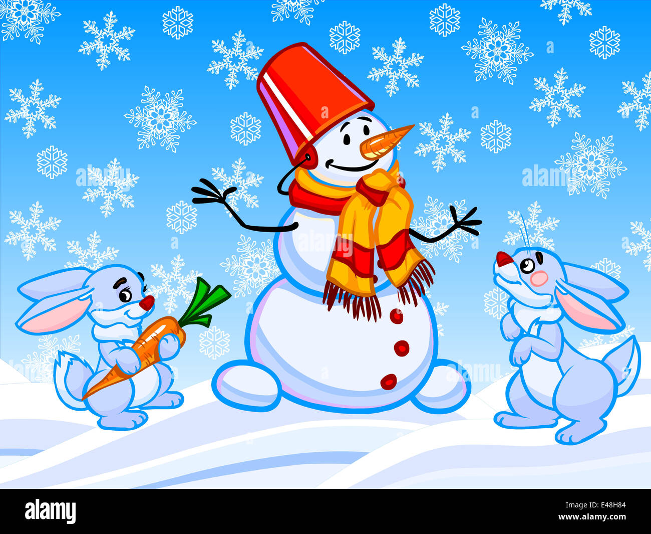 Funny winter cartoon illustration with two blue rabbits and a snowman ...