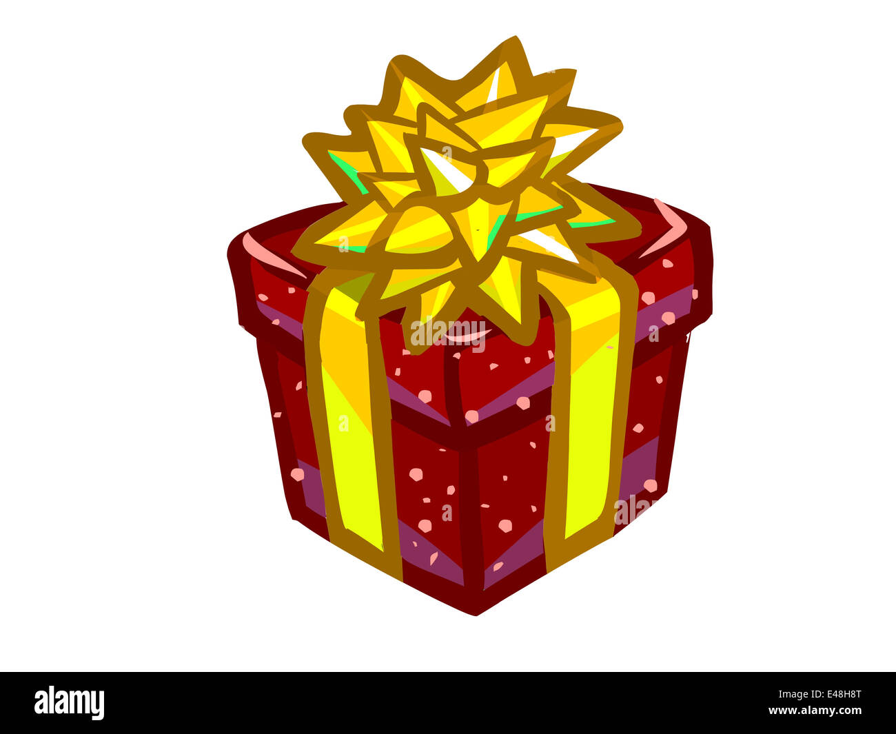 Cartoon illustration of a red present box with a yellow ribbon with a ...