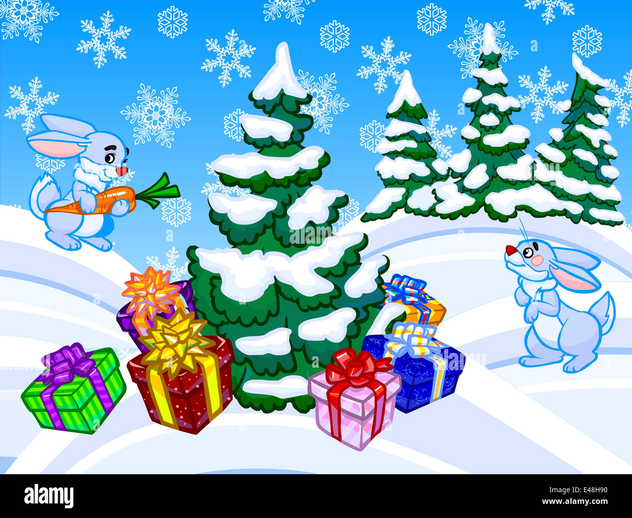 Funny winter cartoon illustration with two blue rabbits, forest and a ...
