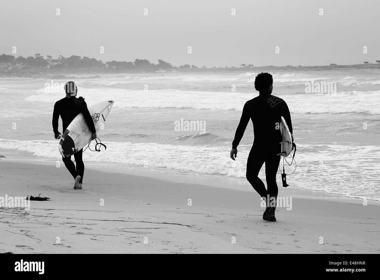 Surfers holding surfboards getting ready to go dive into the surf, on ...