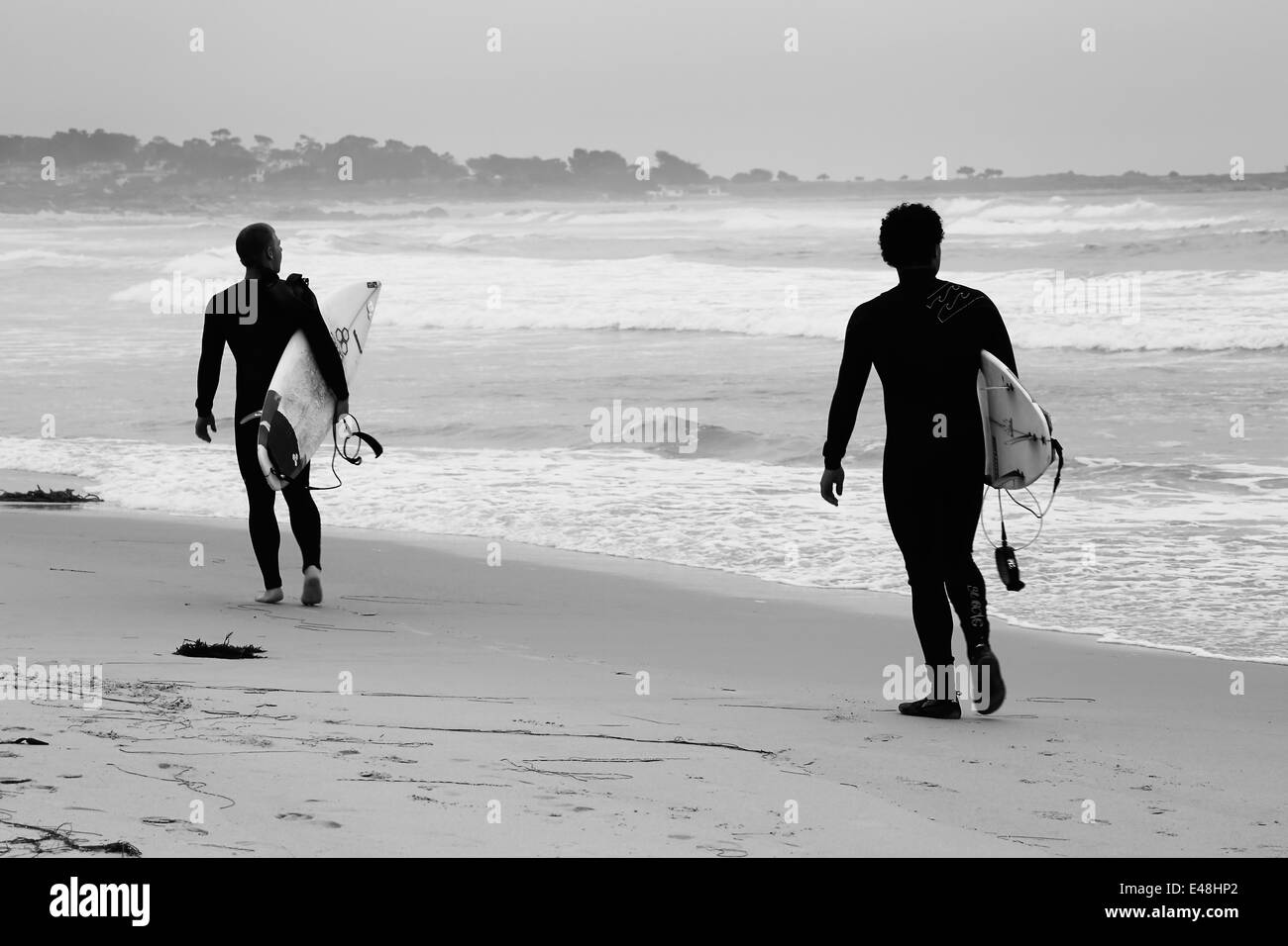 Surfers holding surfboards getting ready to go dive into the surf, on ...