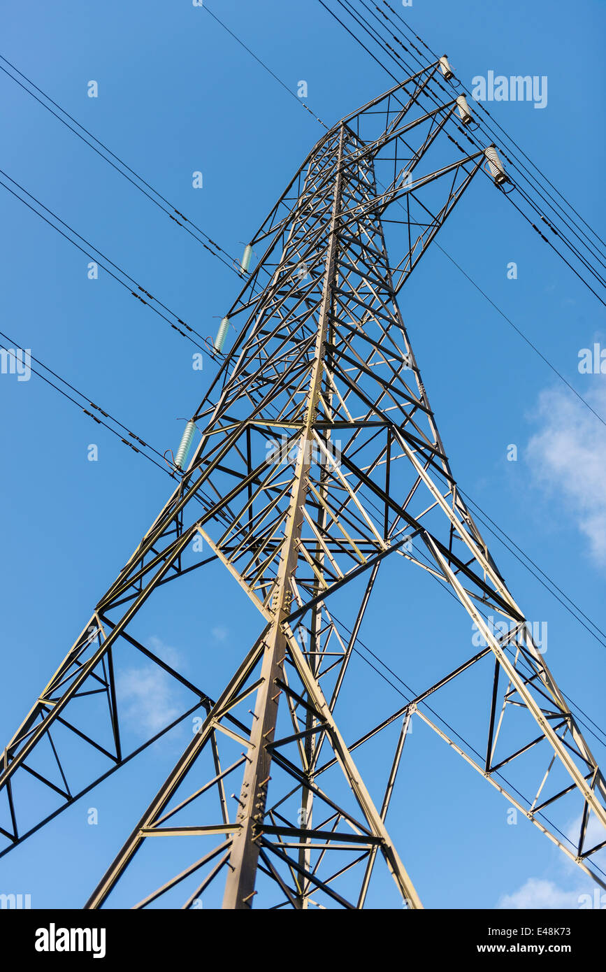 Looking up towards the top of an electricity pylon in Yorkshire ...