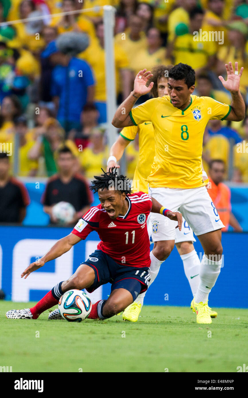 Fortaleza, Brazil. 4th July, 2014. Juan Cuadrado (COL), Paulinho (BRA) Football/Soccer : FIFA ...