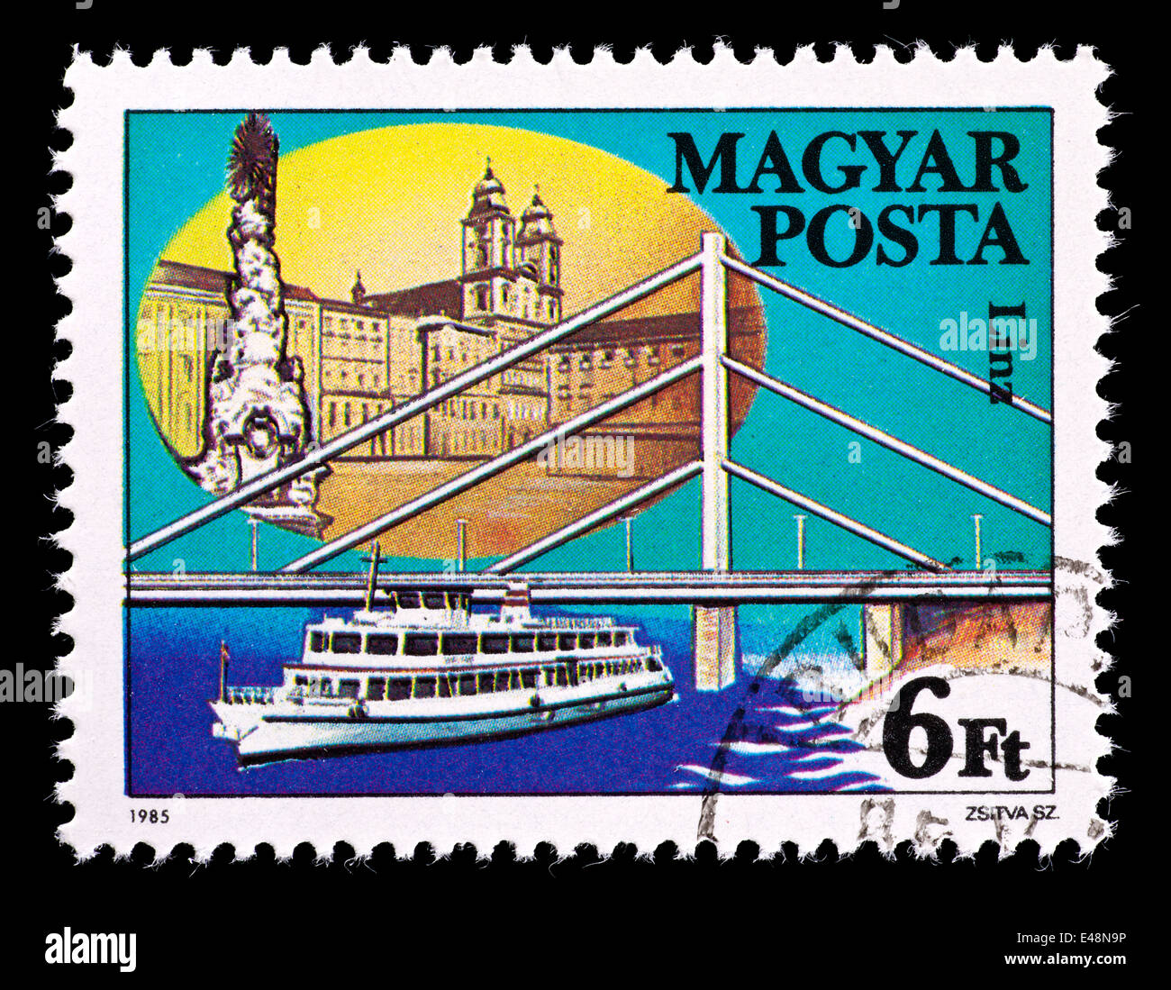 Postage stamp from Hungary depicting the bridge over the Danube River ...