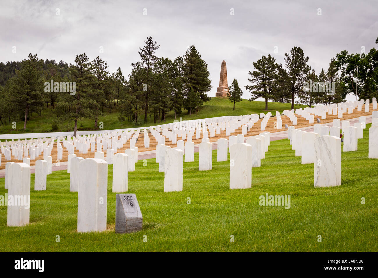 rows of tombstones in a military graveyard with bright green spring ...