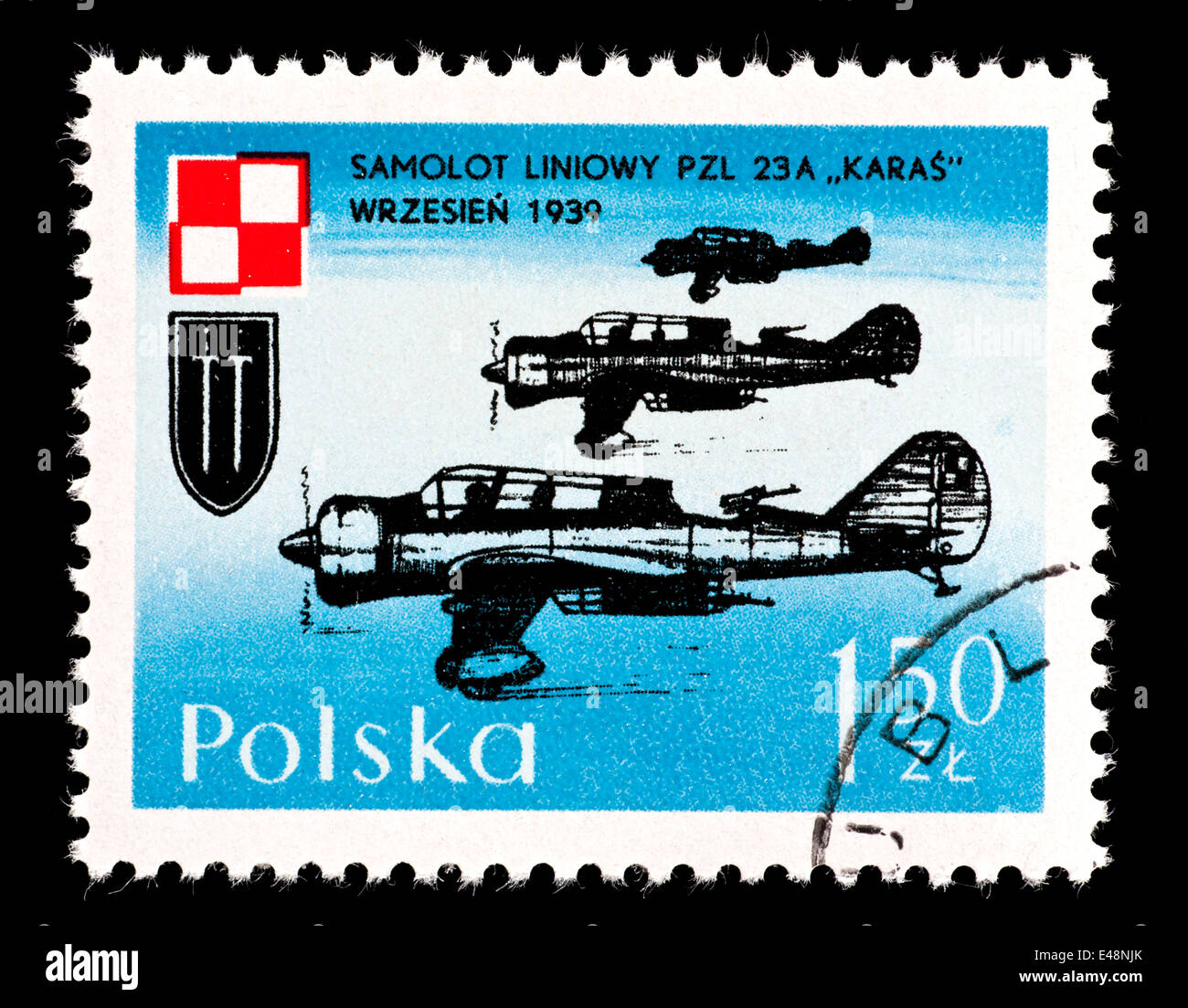 Postage stamp from Poland depicting a PAL 23-A Karas fighter planes ...