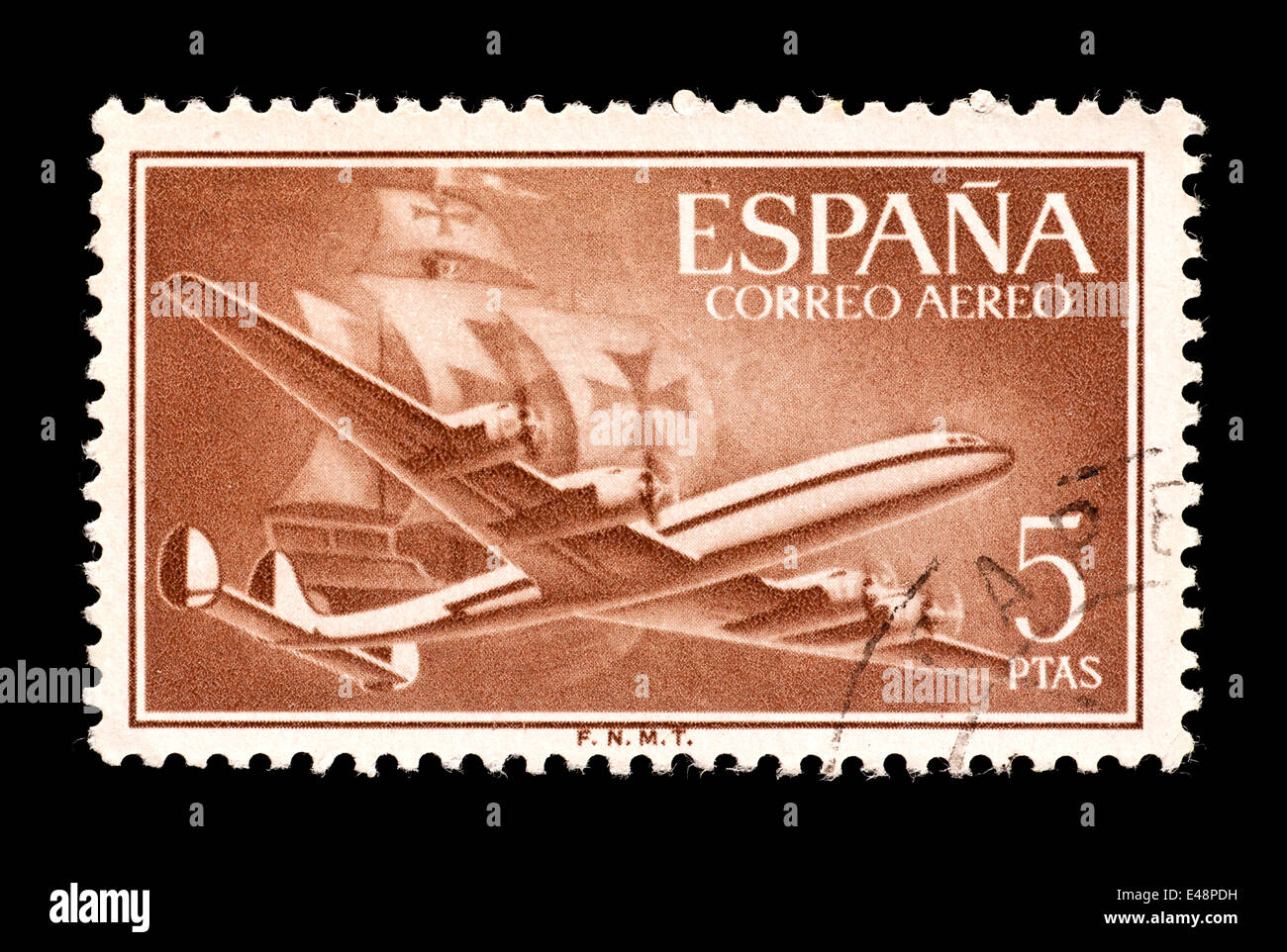 Postage stamp from Spain depicting an airplane and Caravel ship Stock ...