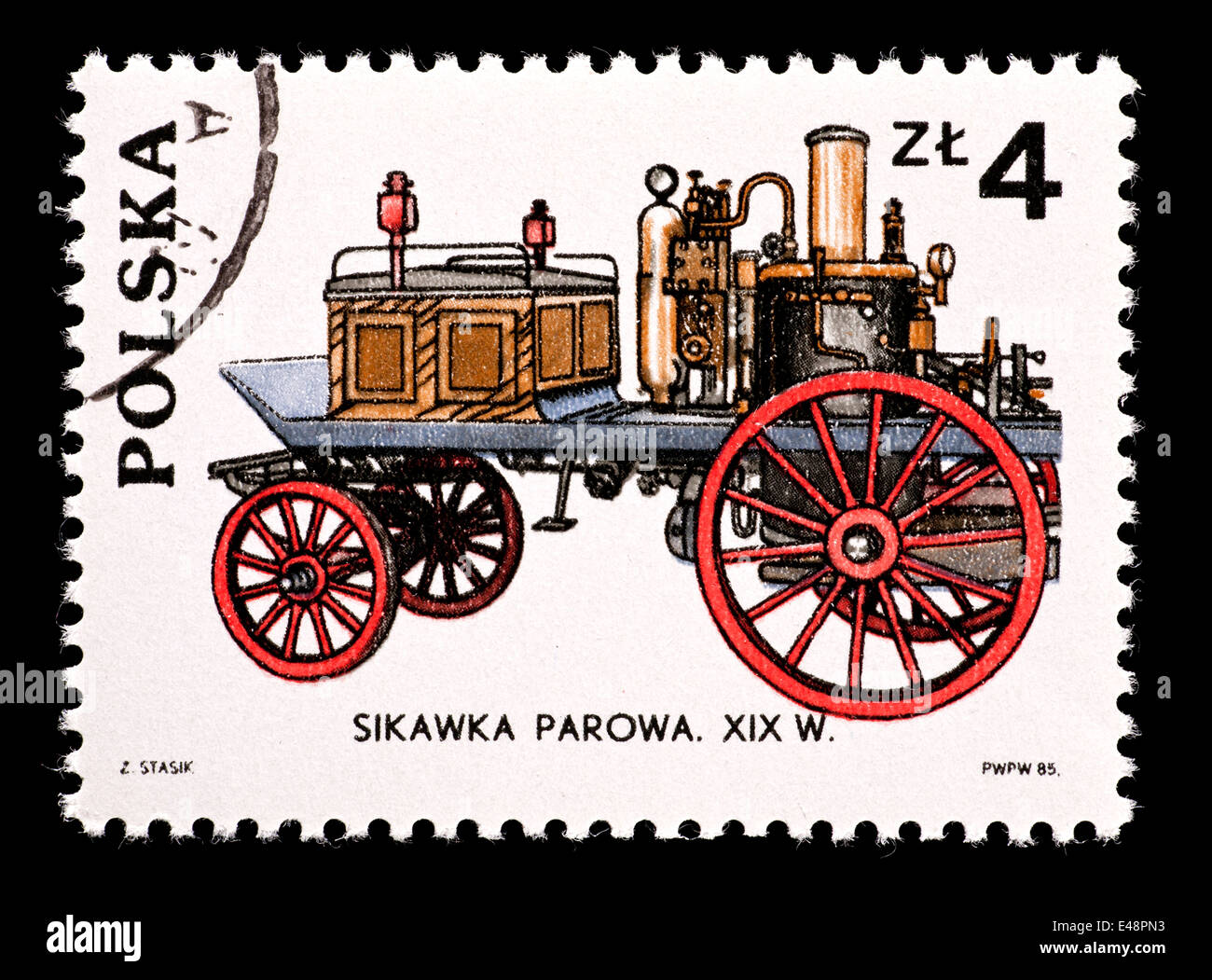 Postage stamp from Poland depicting a horse drawn fire pump for the 19 ...