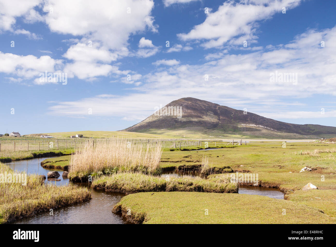 Salt marshes on the Isle of Harris. The mountain behind is known as ...